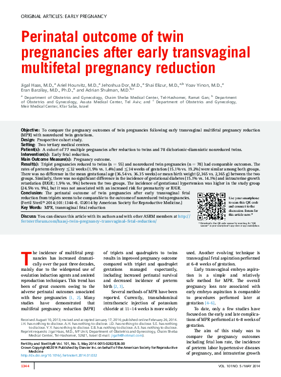 (PDF) Perinatal outcome of twin pregnancies after early transvaginal ...