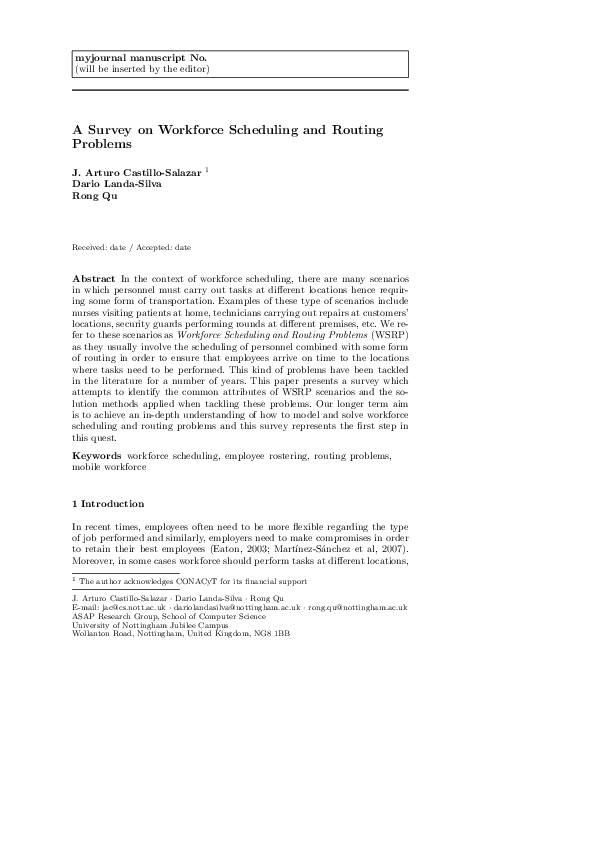 (PDF) A Survey on Workforce Scheduling and Routing Problems