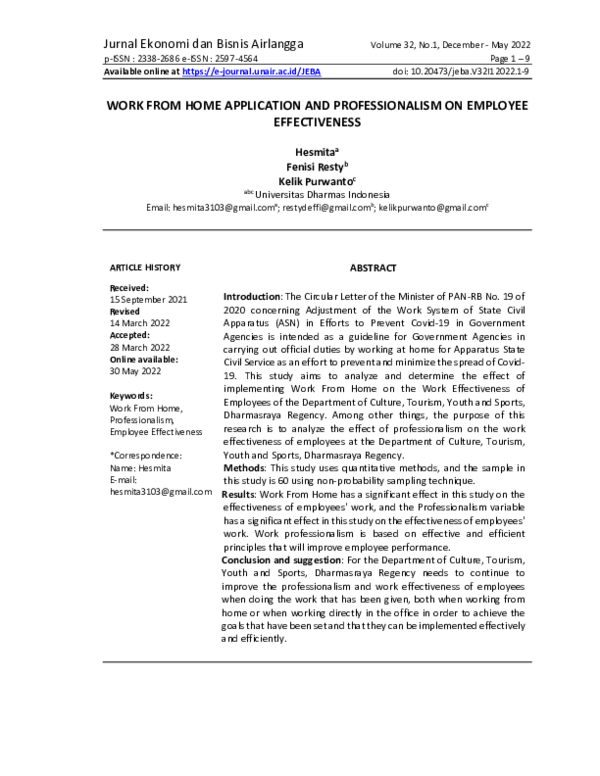 (PDF) Work from Home Application and Professionalism on Employee ...