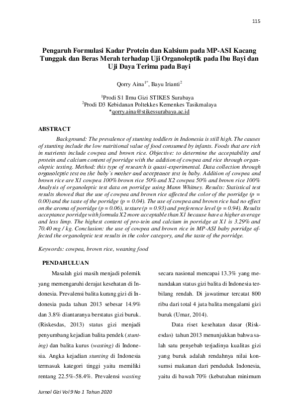 (PDF) Pengaruh Formulasi Kadar Protein dan Kalsium pada MP-ASI Kacang Tunggak dan Beras Merah ...