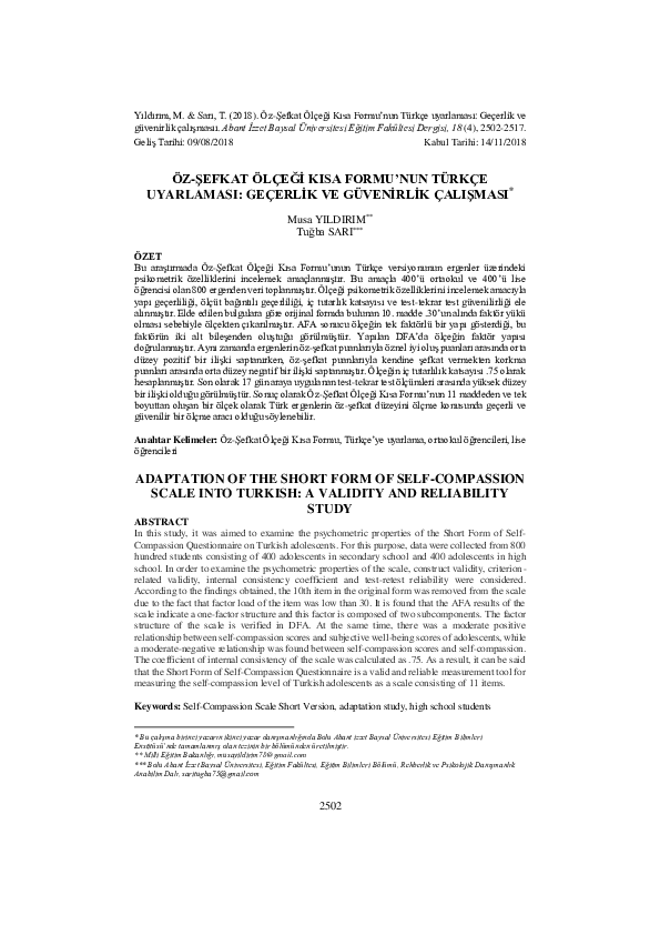 (PDF) Adaptation of the Short Form of Self-Compassion Scale Into ...