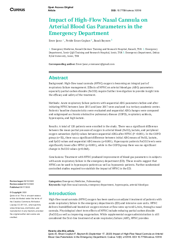 (PDF) Impact of High-Flow Nasal Cannula on Arterial Blood Gas ...