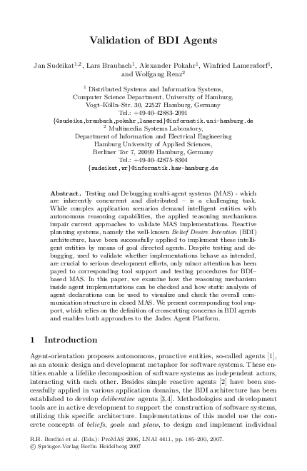 (PDF) Validation of BDI Agents | Winfried H Lamersdorf - Academia.edu