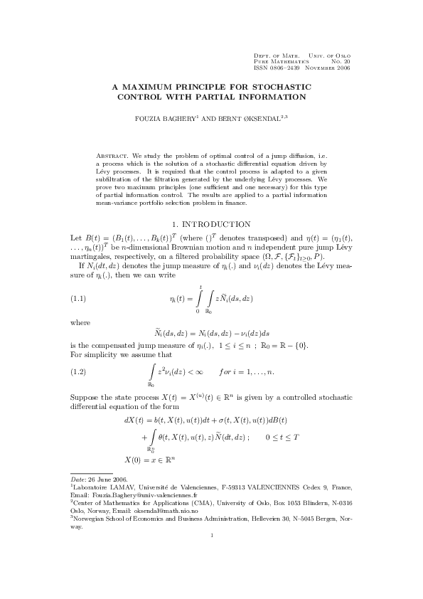 (PDF) A Maximum Principle for Stochastic Control with Partial Information