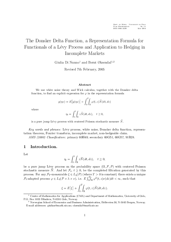(PDF) The Donsker delta function, a representation formula for ...