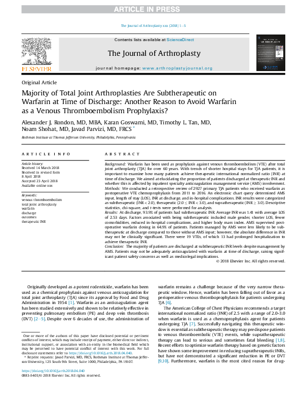 (PDF) Majority of Total Joint Arthroplasties Are Subtherapeutic on ...