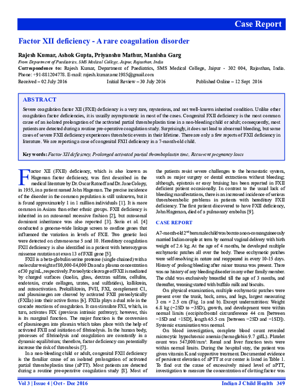 (PDF) Case Report Factor XII deficiency-A rare coagulation disorder