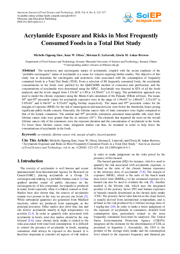 (PDF) Acrylamide Exposure and Risks in Most Frequently Consumed Foods ...