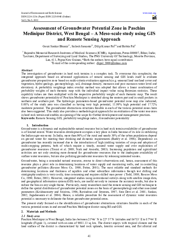Pdf Assessment Of Groundwater Potential Zone In Paschim Medinipur District West Bengal A Meso