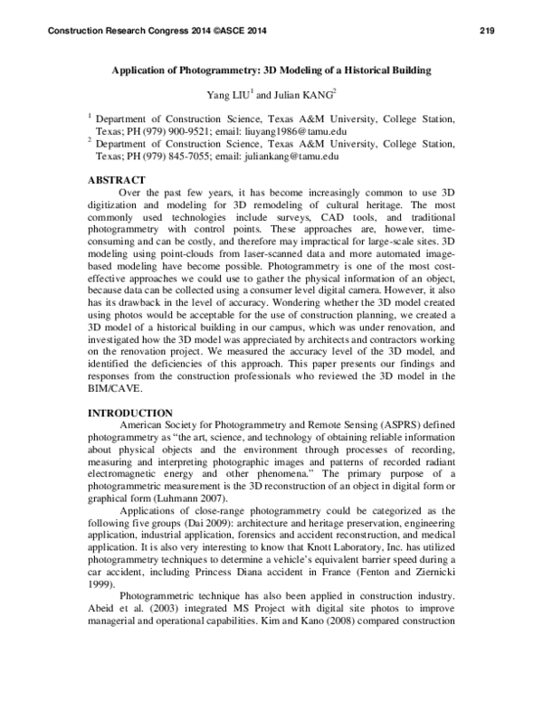 (PDF) Application of Photogrammetry: 3D Modeling of a Historic Building