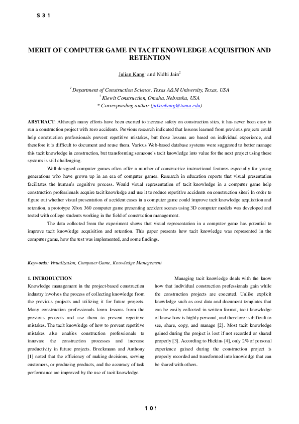 (PDF) Merit of Computer Game in Tacit Knowledge Acquisition and Retention