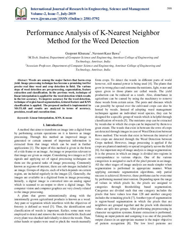 Pdf Performance Analysis Of K Nearest Neighbor Method For The Weed Detection