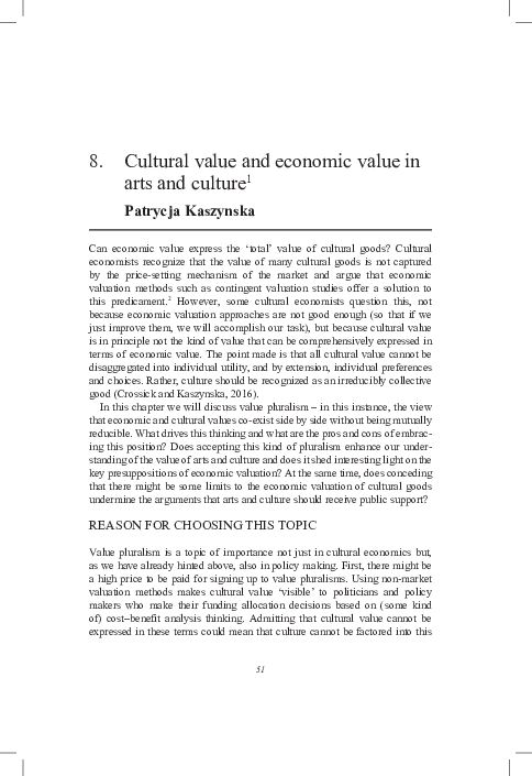 (PDF) Cultural value and economic value in arts and culture1