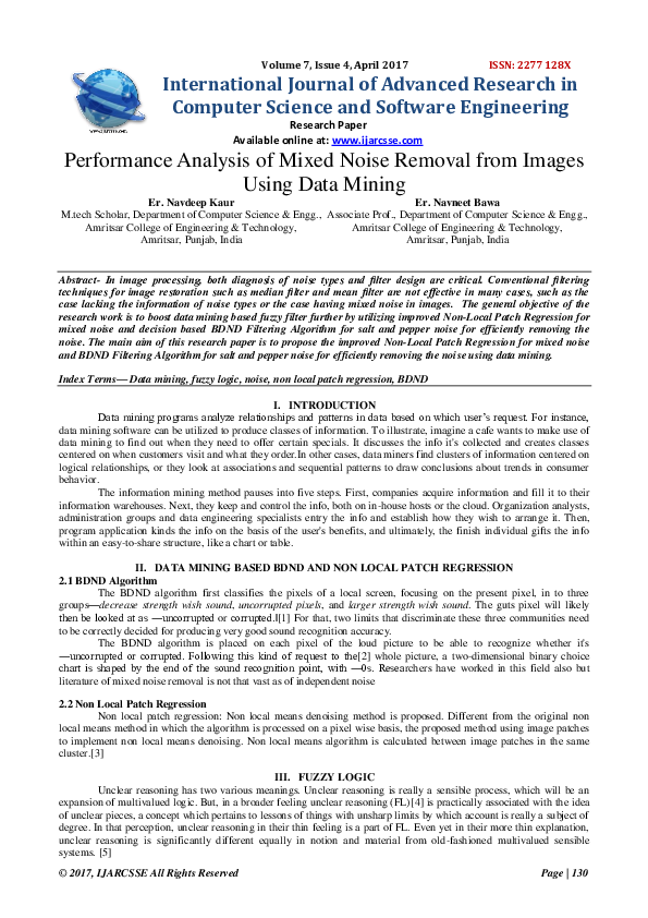 (PDF) Performance Analysis of Mixed Noise Removal from Images Using Data Mining