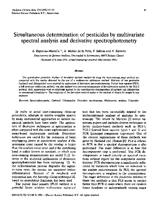 Pdf Simultaneous Determination Of Pesticides By Multivariate Spectral Analysis And Derivative