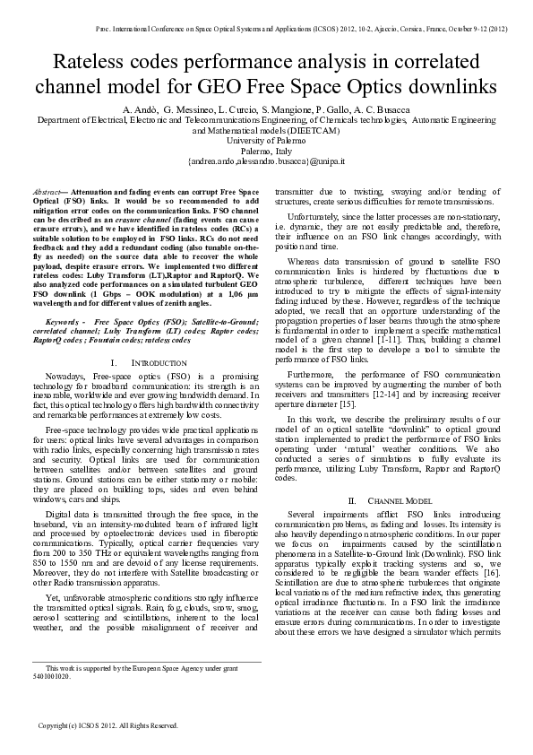 (PDF) Rateless codes performance analysis in correlated channel model for GEO Free Space Optics ...