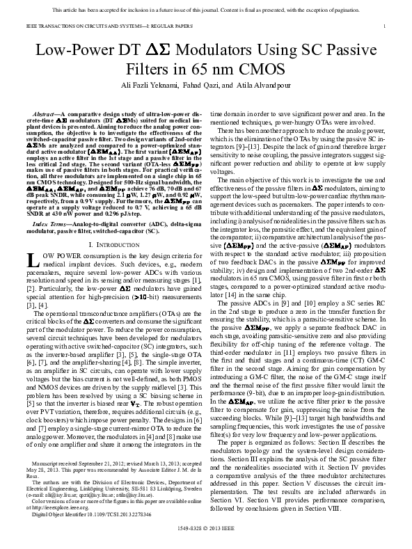 (PDF) Low-Power DT $\Delta \Sigma$ Modulators Using SC Passive Filters ...