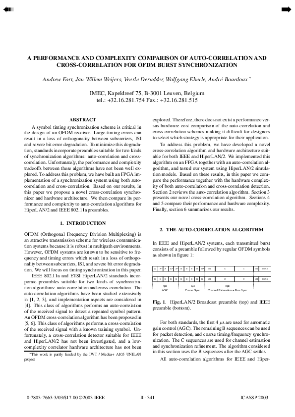 Pdf A Performance And Complexity Comparison Of Auto Correlation And Cross Correlation For Ofdm