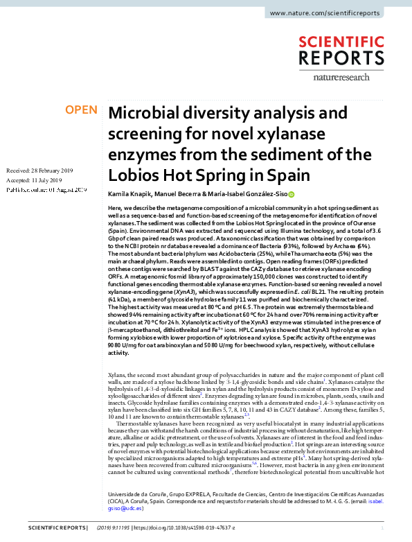 (PDF) Microbial diversity analysis and screening for novel xylanase enzymes from the sediment of ...