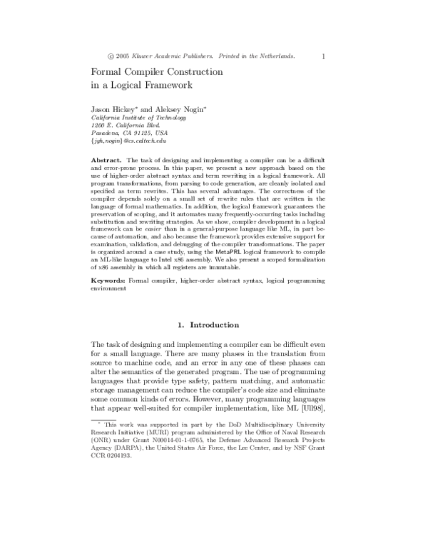 (PDF) Formal compiler construction in a logical framework