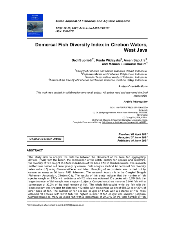 (PDF) Demersal Fish Diversity Index in Cirebon Waters, West Java