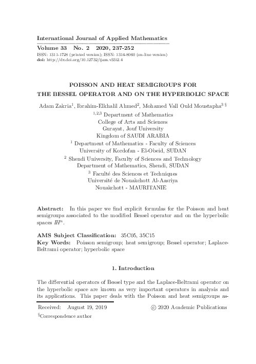 (PDF) POISSON AND HEAT SEMIGROUPS FOR THE BESSEL OPERATOR AND ON THE HYPERBOLIC SPACE