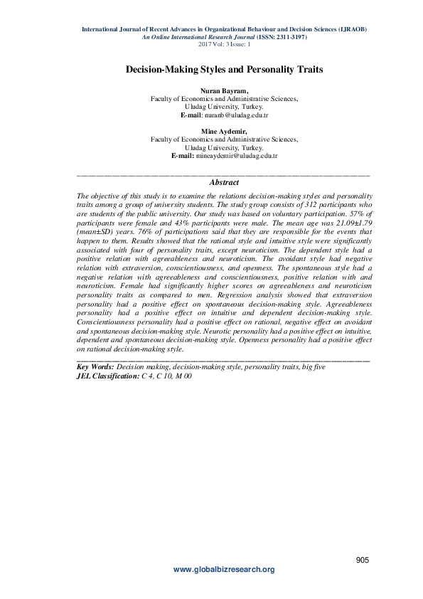 (PDF) Decision-Making Styles and Personality Traits