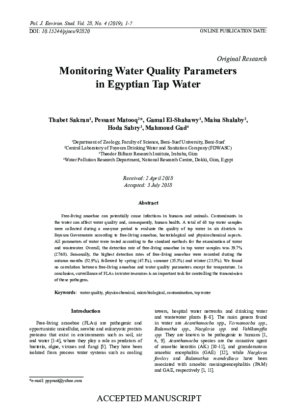 (PDF) Monitoring Water Quality Parameters in Egyptian Tap Water