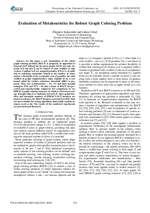 (PDF) Evaluation of Metaheuristics for Robust Graph Coloring Problem | Zbigniew Kokosiński ...