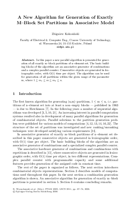 (PDF) A New Algorithm for Generation of Exactly M–Block Set Partitions in Associative Model