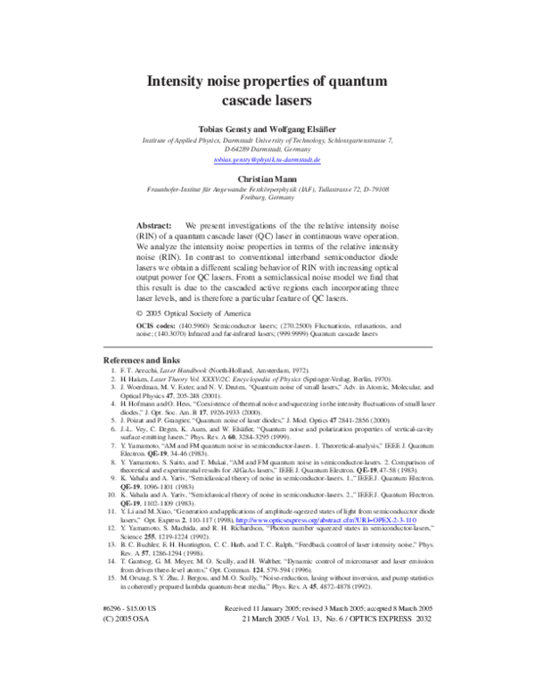 (PDF) Intensity noise properties of quantum cascade lasers