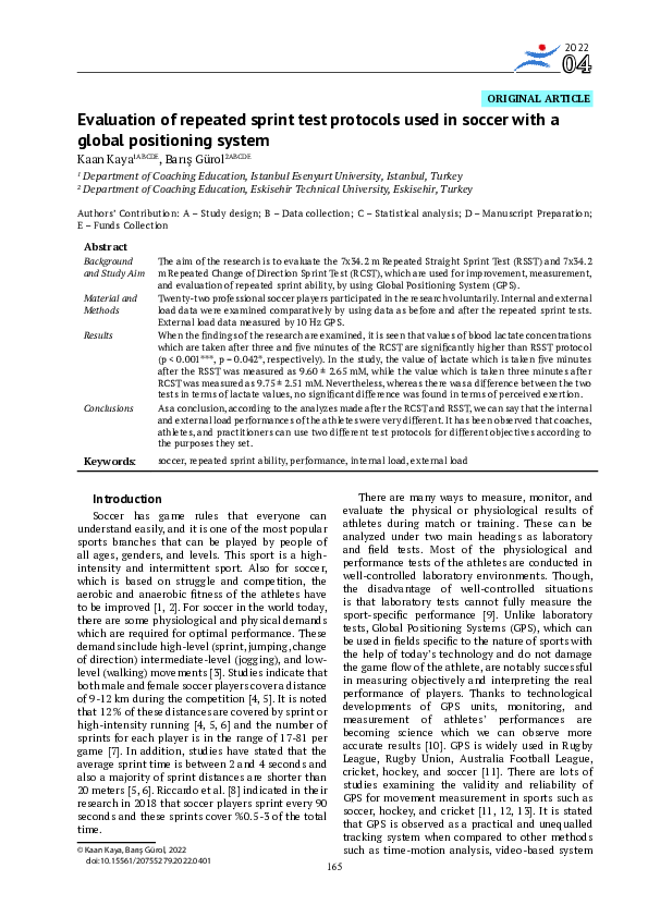 Pdf Evaluation Of Repeated Sprint Test Protocols Used In Soccer With A Global Positioning System