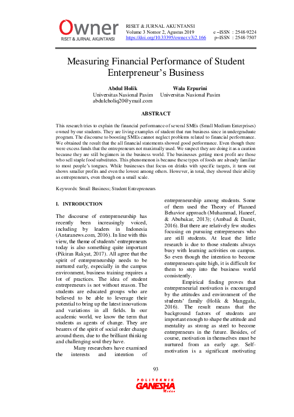 (PDF) Measuring Financial Performance of Student Enterpreneur’s Business