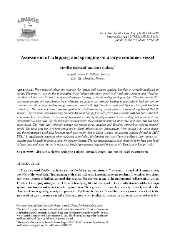 Pdf Assessment Of Whipping And Springing On A Large Container Vessel Gaute Storhaug