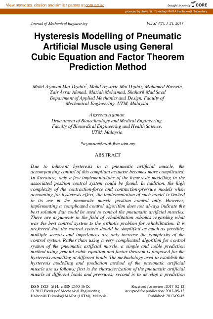 (PDF) Hysteresis Modelling of Pneumatic Artificial Muscle using General Cubic Equation and ...