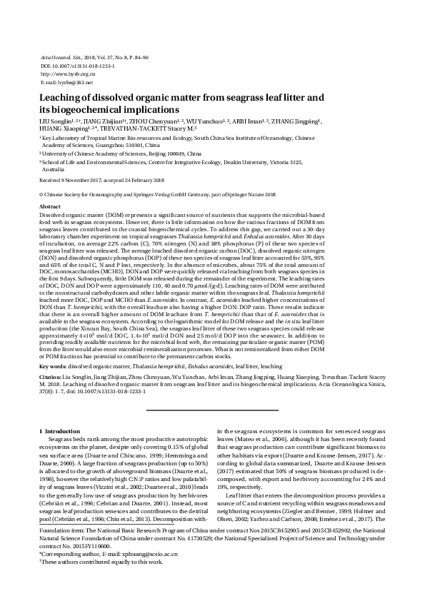 (PDF) Leaching of dissolved organic matter from seagrass leaf litter and its biogeochemical ...