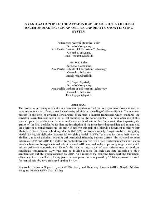 (PDF) Investigation into the Application of Multiple Criteria Decision Making for an Online ...