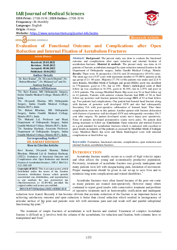 Pdf Outcomes And Complications Of Acetabulum Repair