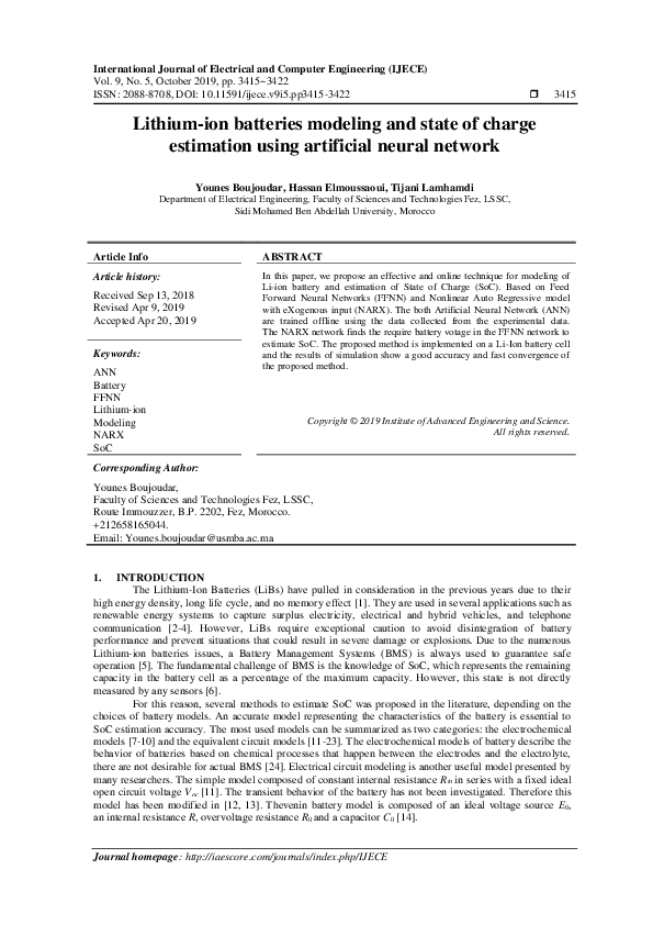 (PDF) Lithium-Ion batteries modeling and state of charge estimation using Artificial Neural Network