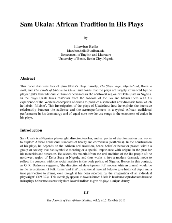(PDF) Sam Ukala: African Tradition in His Plays