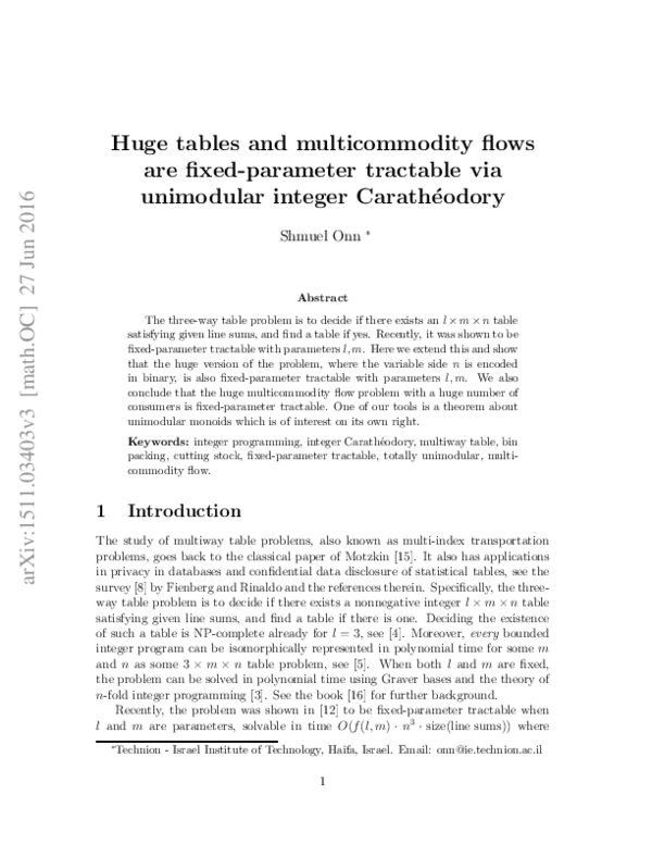 (PDF) Huge tables and multicommodity flows are fixed-parameter tractable via unimodular integer ...