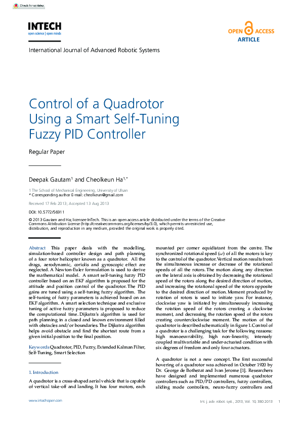 (PDF) Control of a Quadrotor Using a Smart Self-Tuning Fuzzy PID Controller