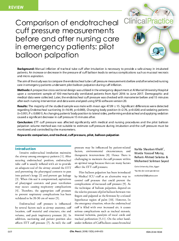 (PDF) Comparison of endotracheal cuff pressure measurements before and ...