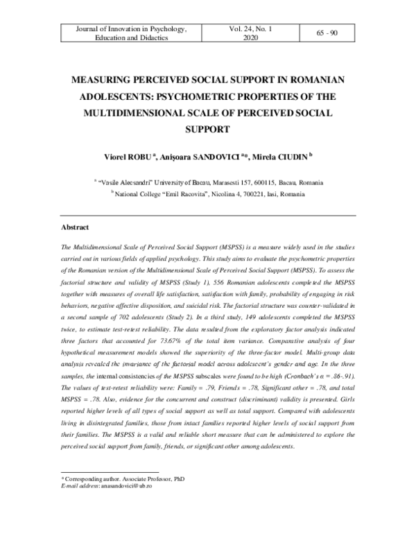 (PDF) Measuring Perceived Social Support in Romanian Adolescents ...