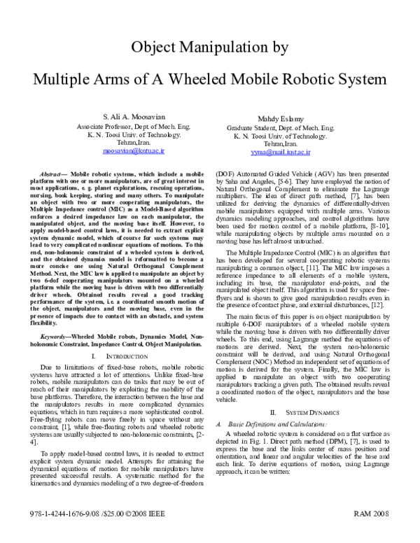 (PDF) Object Manipulation by Multiple Arms of A Wheeled Mobile Robotic System