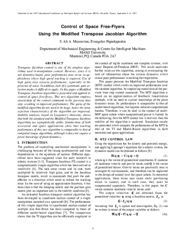 (PDF) Control of space free-flyers using the modified transpose Jacobian algorithm
