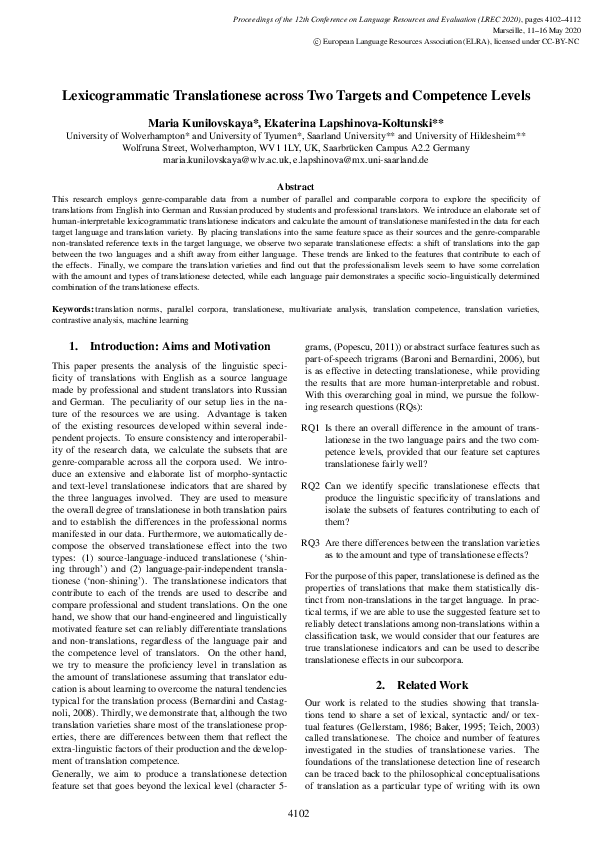 (PDF) Lexicogrammatic translationese across two targets and competence ...