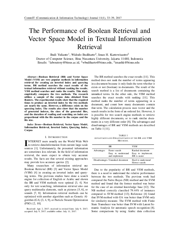 Pdf The Performance Of Boolean Retrieval And Vector Space Model In