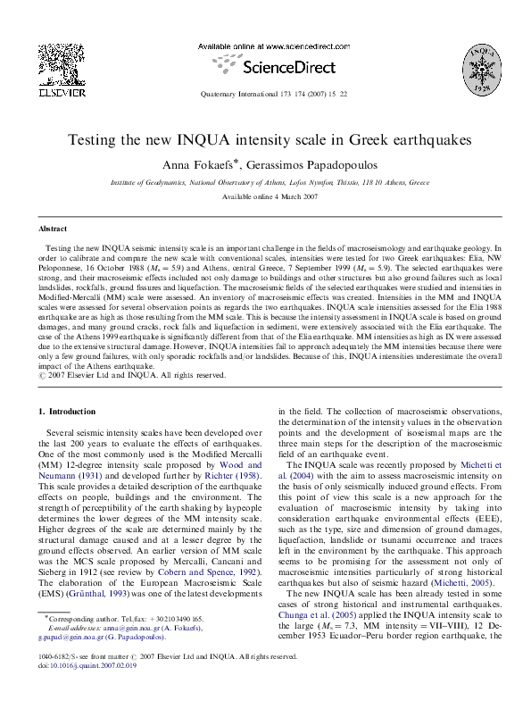 (PDF) Testing the new INQUA intensity scale in Greek earthquakes