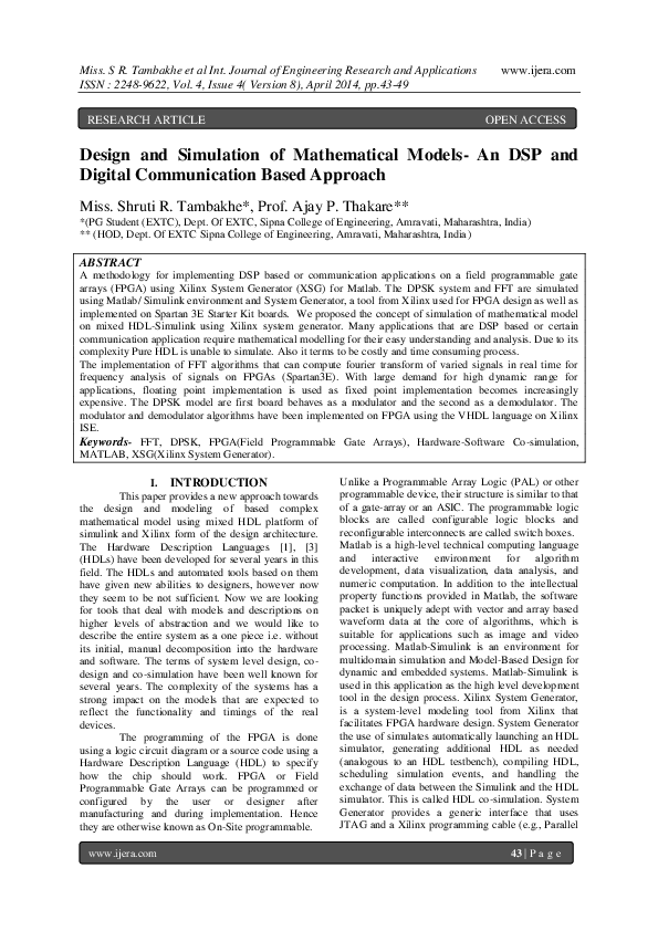 Pdf Design And Simulation Of Mathematical Models An Dsp And Digital Communication Based Approach